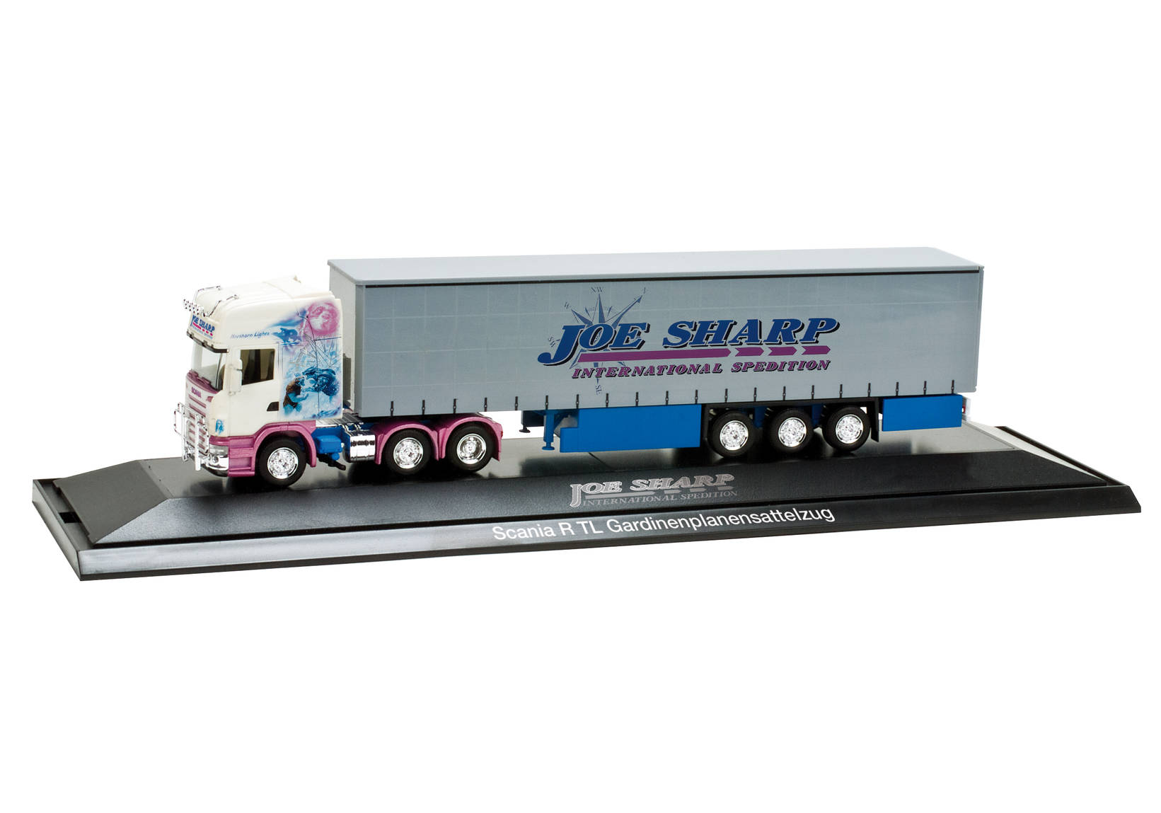 Herpa Scania R TL Gardinenplanen-Sattelzug "Joe Sharp, Northern Lights ...