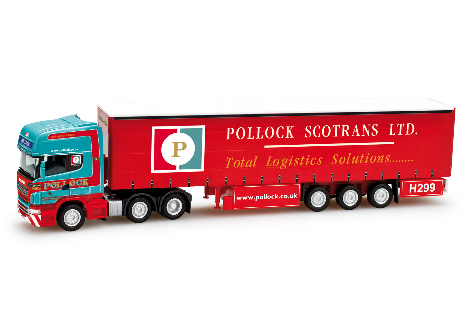 Herpa Scania R 09 TL Gardinenplanen-Sattelzug "Pollock Scotrans LTD ...