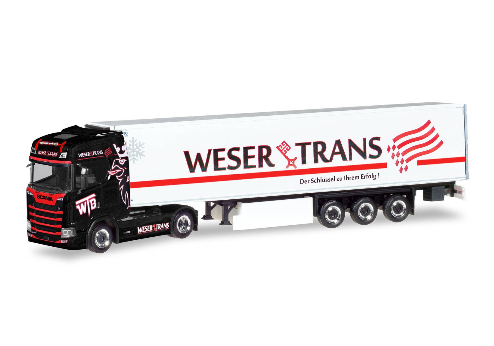Herpa Scania CS High roof refrigerated box semitrailer "Weser Trans" 309042